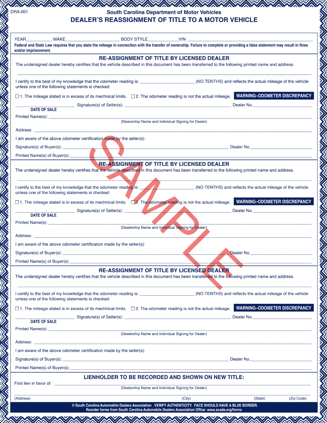 **NEW** DRA-001 Dealer Reassignment Form – South Carolina Automobile Dealers Association